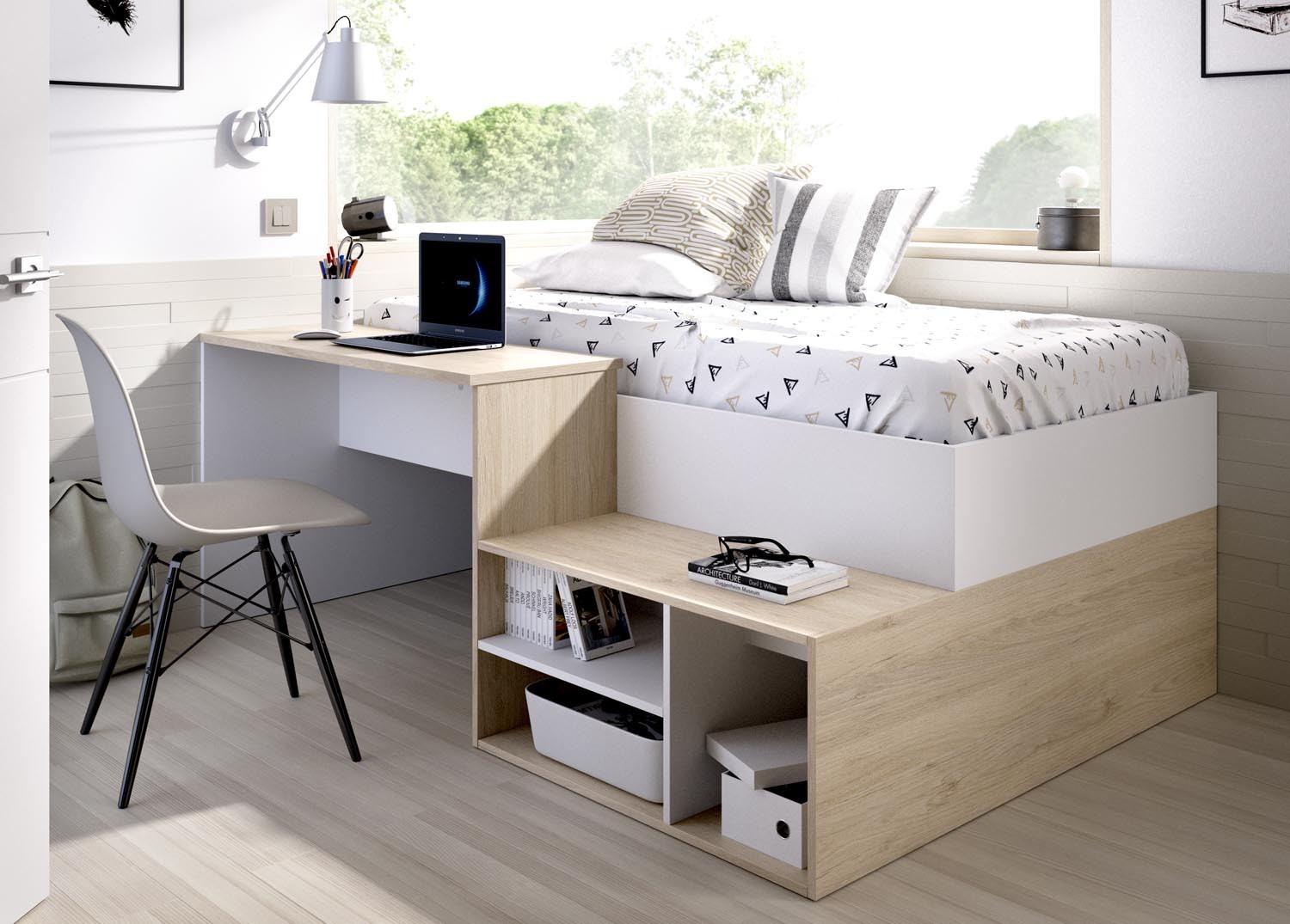 Cama con escritorio y estantes integrados Fiber